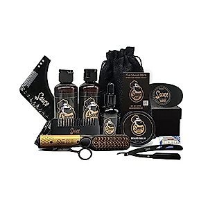 Beard Grooming Kit with Heated Beard Straightener 12 items included beard wash, beard oil, beard balm, Gift for Men, reusable