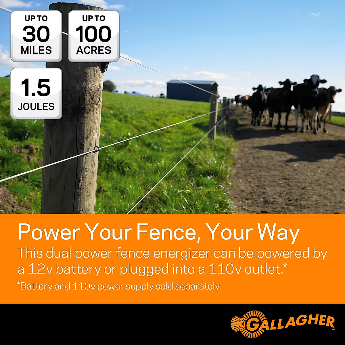 Gallagher MB150 Dual Power Electric Fence Charger | 1.5 Joule 12v Battery or 110v AC Energizer with Adaptive Energy Control | Powers Up to 30 Miles / 100 Acres | Portable and Compact