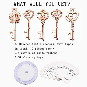 50 PCS Key Bottle Openers,Wedding Favors,Gifts,Decorations or Souvenirs for guests Bulk,Bridal Shower Party Favors with Card Tag (Gold)
