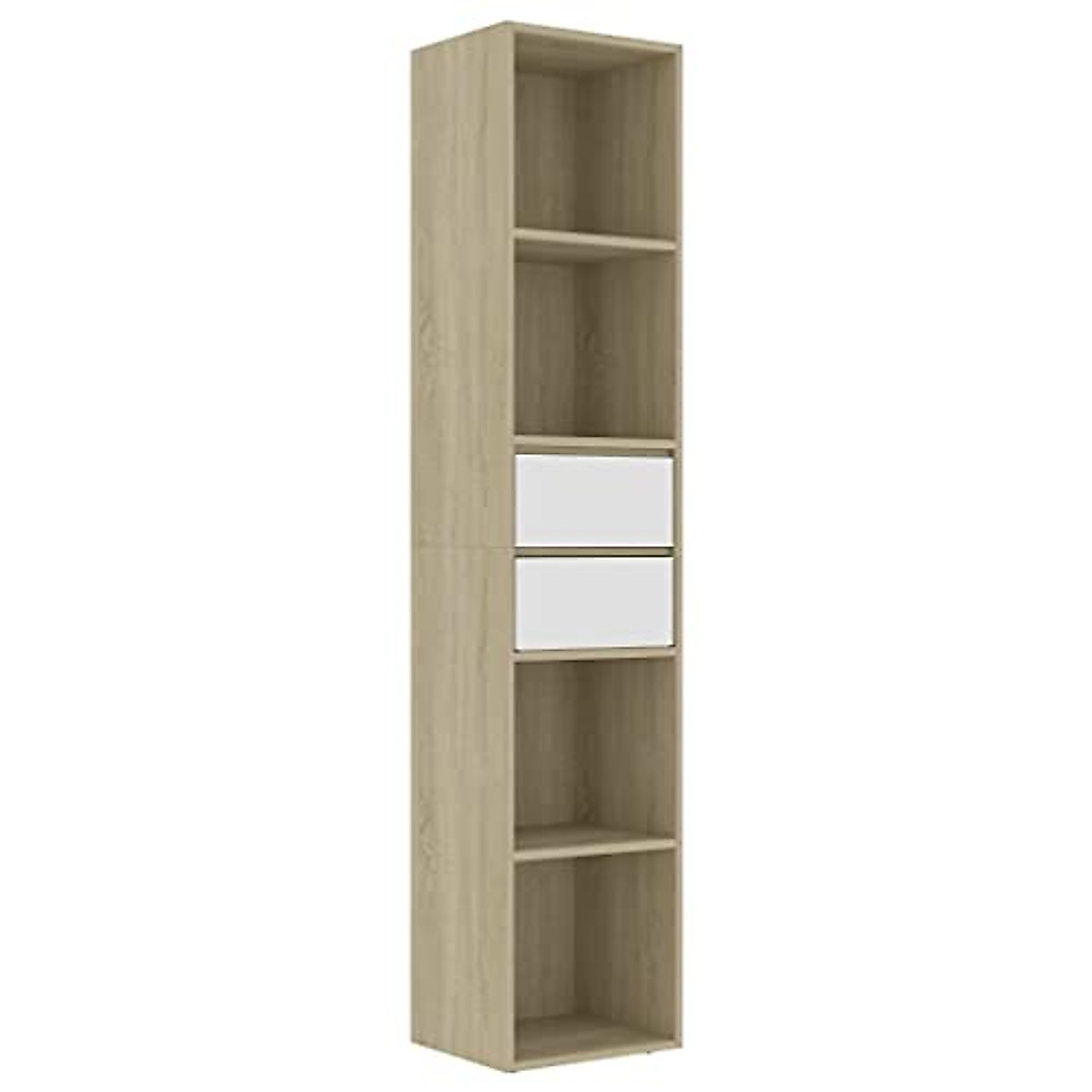 GOLINPEILO Wooden Book Cabinet with 4 Open Shelves and 2 Drawers, Modern Bookshelf for Living Room, White and Sonoma Oak 14.2"x11.8"x67.3" Engineered Wood