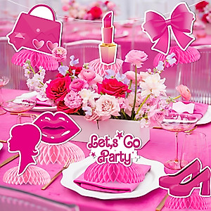 Come on Let's Go Party Honeycomb Centerpieces Hot Pink Princess Doll Honeycomb Cosmetic Lipstick Bow Table Decorations for Girls Doll Theme Bachelorette Party Birthday Bridal Shower Party Supplies