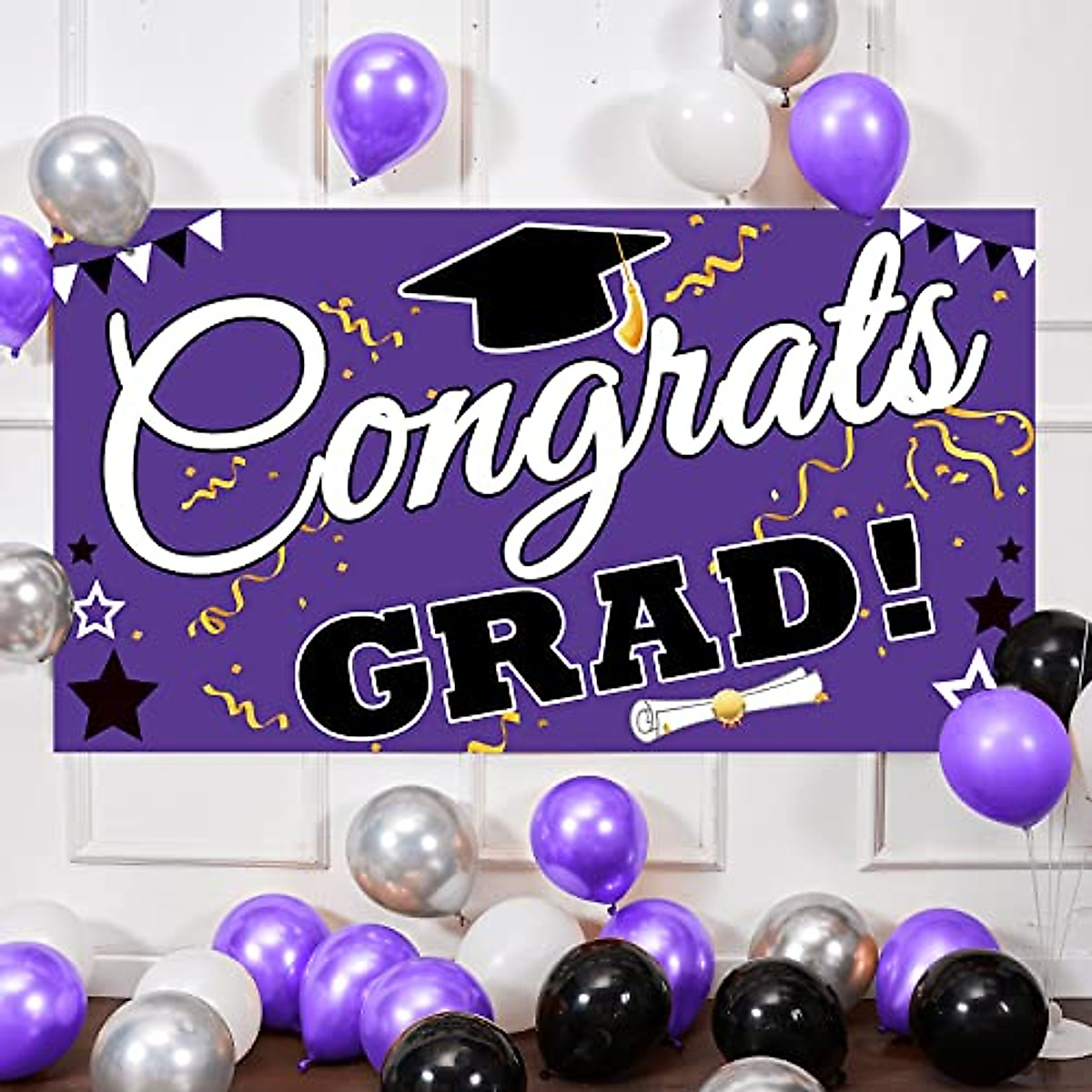 Bunny Chorus Graduation Decorations 2023 Party Backdrop Banner, Extra Large 71" x 40" Purple Black Photo Booth Props Decorations, Congrats Grad Home for Outdoor Indoor Supplies