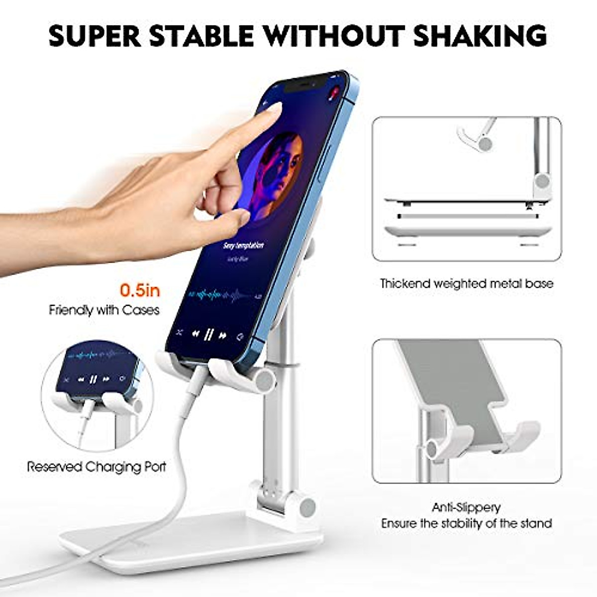 Cell Phone Stand, Licheers Foldable Phone Holder, Angle Height Adjustable Phone Stand for Desk, Compatible with iPhone 13/12/11 Pro Max, Samsung Galaxy S10/9/8/7 S21 Ultra (White-LC352)