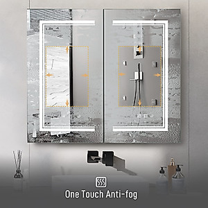 Pinikuyiro 32"x 28" Lighted Medicine Cabinet with Mirror, Wall Mounted Bathroom Mirror with Storage, 2 Doors Bathroom Wall Cabinet with LED Lights (White)