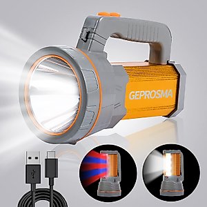 GEPROSMA Multi Functions Rechargeable Flashlight High Lumens,Handheld Spotlight LED 6000 Lumens Super Bright, Large Battery 10000 Long Lasting Powerful Searchlight Plus Side Lantern,Home Outdoor