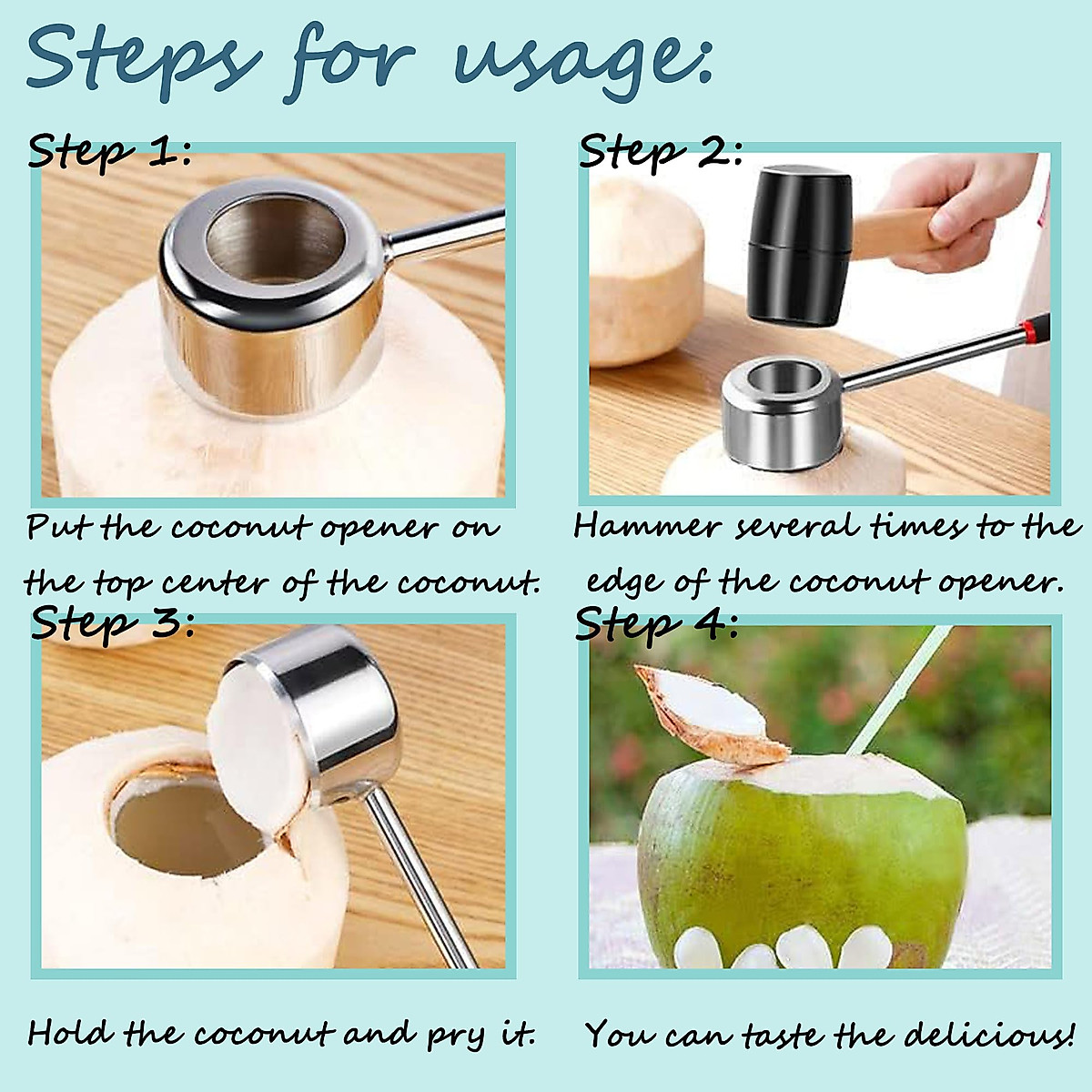 Coconut Opener Tools Set Super Easy to Open Coconuts Tool Food Grade Stainless Steel Coconut Opener Set Rubber Mallet with Handle Meat Removal Scraper