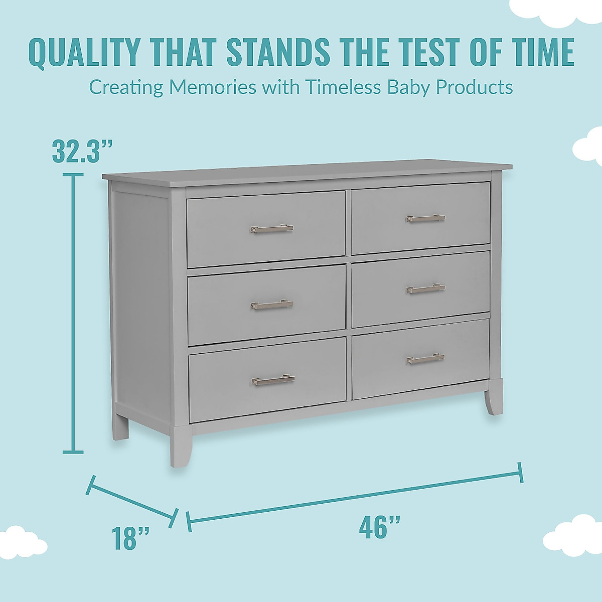 Dream On Me Universal Double Dresser in Pebble Grey, Kids Bedroom Dresser, Six Drawers Dresser, Mid-Century Modern, Made of Solid, Sustainable Pinewood, Easy Assembly