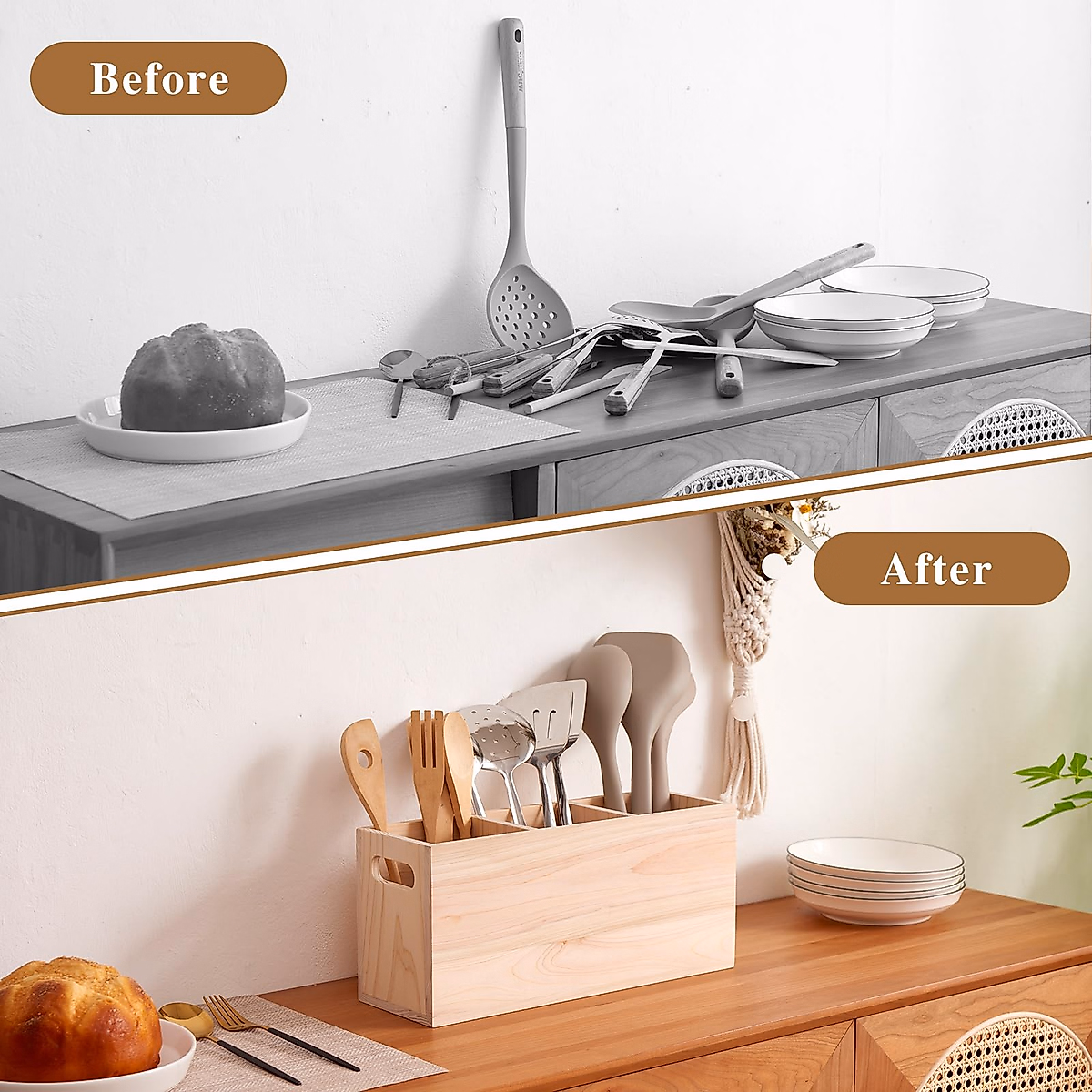 TREOAKWIS Utensil Holder Extra Large, Hinoki Cypress Wood Utensil Organizer Holder, 3 Compartment Kitchen Countertop Utensil Caddy Crock Counter Organizer and Cooking Tools Storage