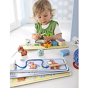 HABA On The Farm Threading Game with 10 Chunky Wooden Lacing Figures & 4 Templates (Made in Germany)