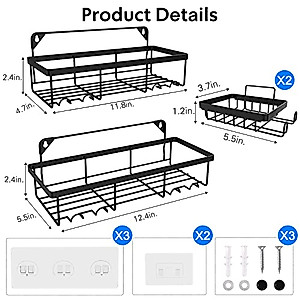 Awegety 4 Pack Shower Caddy Shelf Organizer with Soap Holder, Shower Shelves Basket with Adhesives/Screws Stainless Steel Bathroom Shelves with Hooks, Shower Storage Rack for Bathroom Kitchen Black