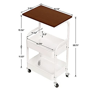 RêveLife 3 Tier Rolling Storage Cart Metal Utility Cart with Lockable Wheels Wooden Top Mobile Print Stand Heavy Duty Storage Organizer for Home Office Kitchen Living Room, White