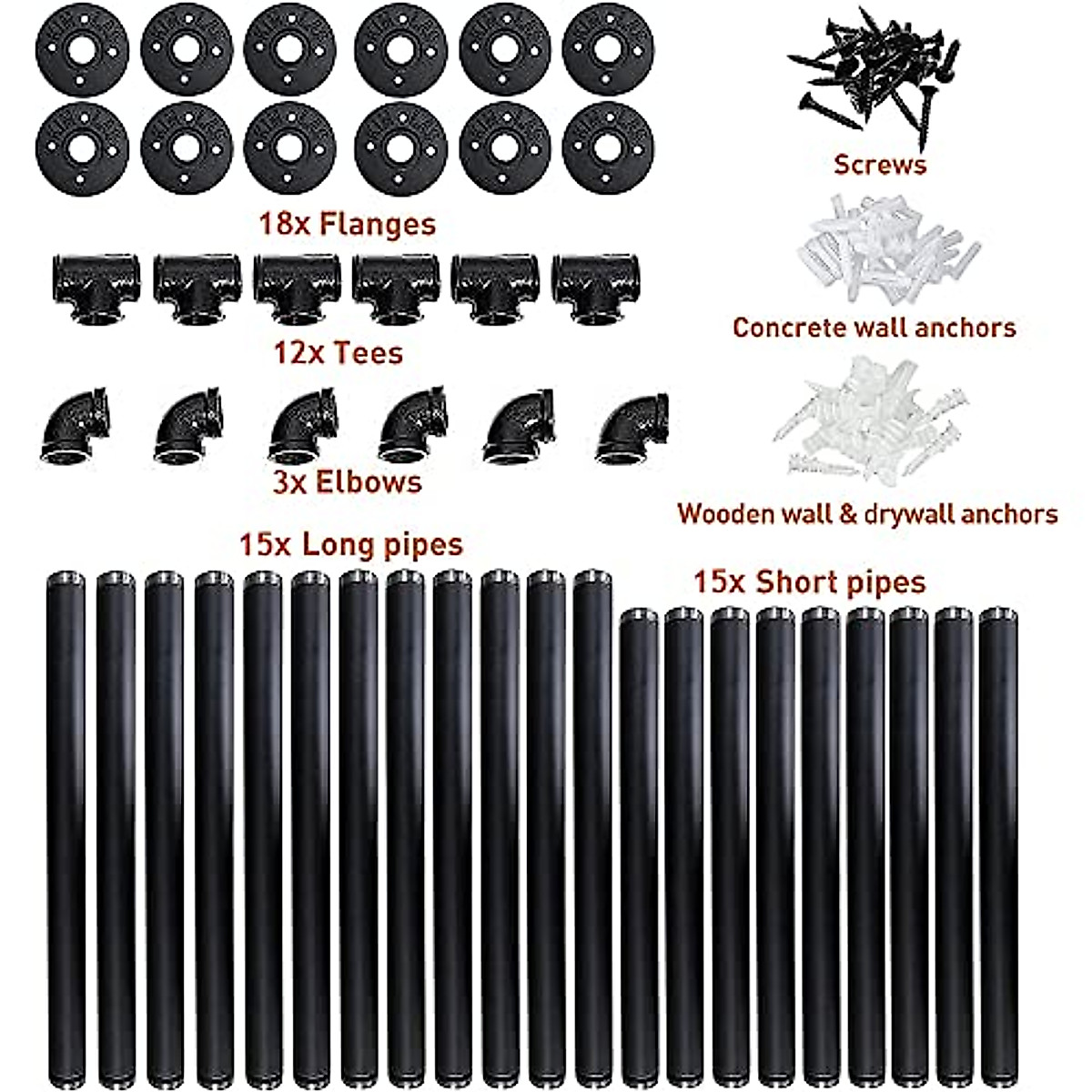 FJANKUI 5 Tier Industrial Rustic Wall Mount Wood Floating Iron Pipe Shelving, DIY Open Wall Display Bookshelf, Black Metal Bracket Storage Wall Shelf for Utility Shelves, Office Shelves, Etc