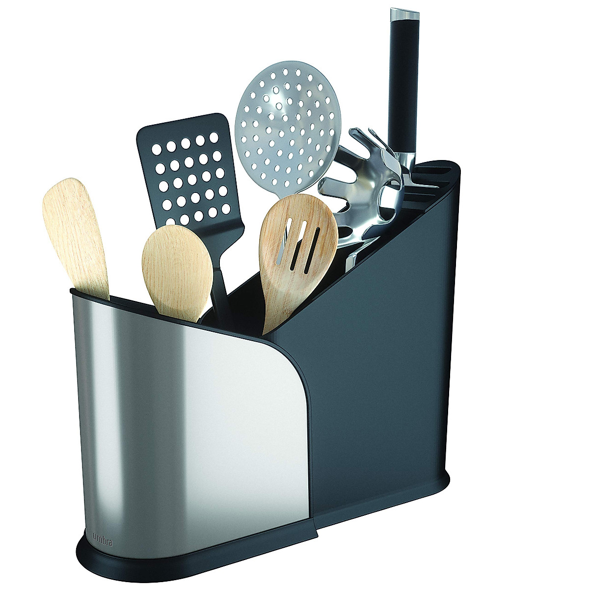 Umbra Furlo, Expandable Kitchen Utensil Holder, Multi-Functional Caddy Organizer with Divider and Extra Storage, Ideal for Keeping Knives and other Utensils Instantly Accessible, Black/Stainless Steel