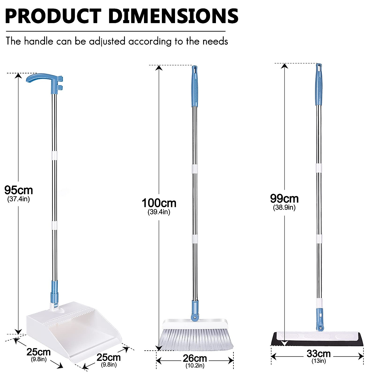 Kphico Broom and Dustpan Set with Upgrade 53" Long Handle&Floor Squeegee and Looped-End String Wet Mop with 2 String Mop Heads,for Laminate,Hardwood,Ceramic,Marble Floor Cleaning