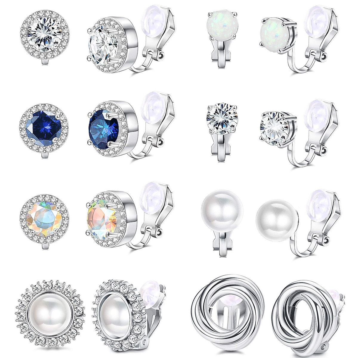 Jstyle 8Pairs Clip On Earrings for Women Halo Cubic Zirconia Opal Simulated Pearl Knot Non Pierced Clip Earrings Set Silver Tone
