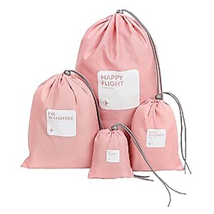 Multipurpose Essential Travel Packing Organiser Waterproof Drawstring Suitcase Clothes Underwear Laundry Shoes Bags Storages Toiletries Cosmetics Cases Holders Storages Bags Pouches 4 Pcs set Pink