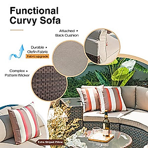 SUNSITT Outdoor Sectional Set 11-Piece Half Moon Patio Furniture Brown Wicker Sofa Beige Cushions with 4 Side Table and 4 Pillows