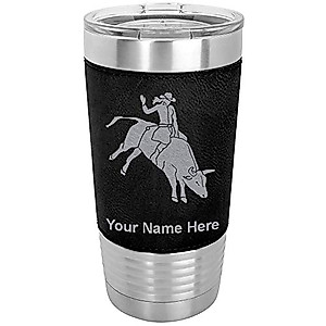 LaserGram 20oz Vacuum Insulated Tumbler Mug, Bull Rider Cowgirl, Personalized Engraving Included (Faux Leather, Black)