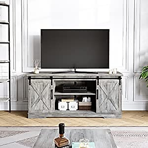 IDEALHOUSE Farmhouse TV Stand for 65 Inch TV, Entertainment Center TV Media Console Table, Tall TV Stand with Barn Doors, Storage and Shelves, Grey Modern TV Console Cabinet Furniture for Living Room