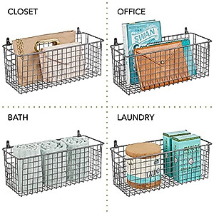 mDesign Portable Metal Farmhouse Wall Decor Storage Organizer Basket Bin with Handles for Hanging in Entryway, Mudroom, Bedroom, Bathroom, Laundry Room - Wall Mount Hooks Included, 2 Pack - Graphite