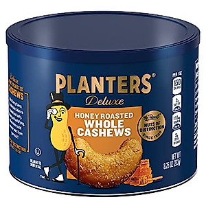 PLANTERS Deluxe Honey Roasted Whole Cashews, Sweet and Salty Snacks, 8.25oz (1 Canister)