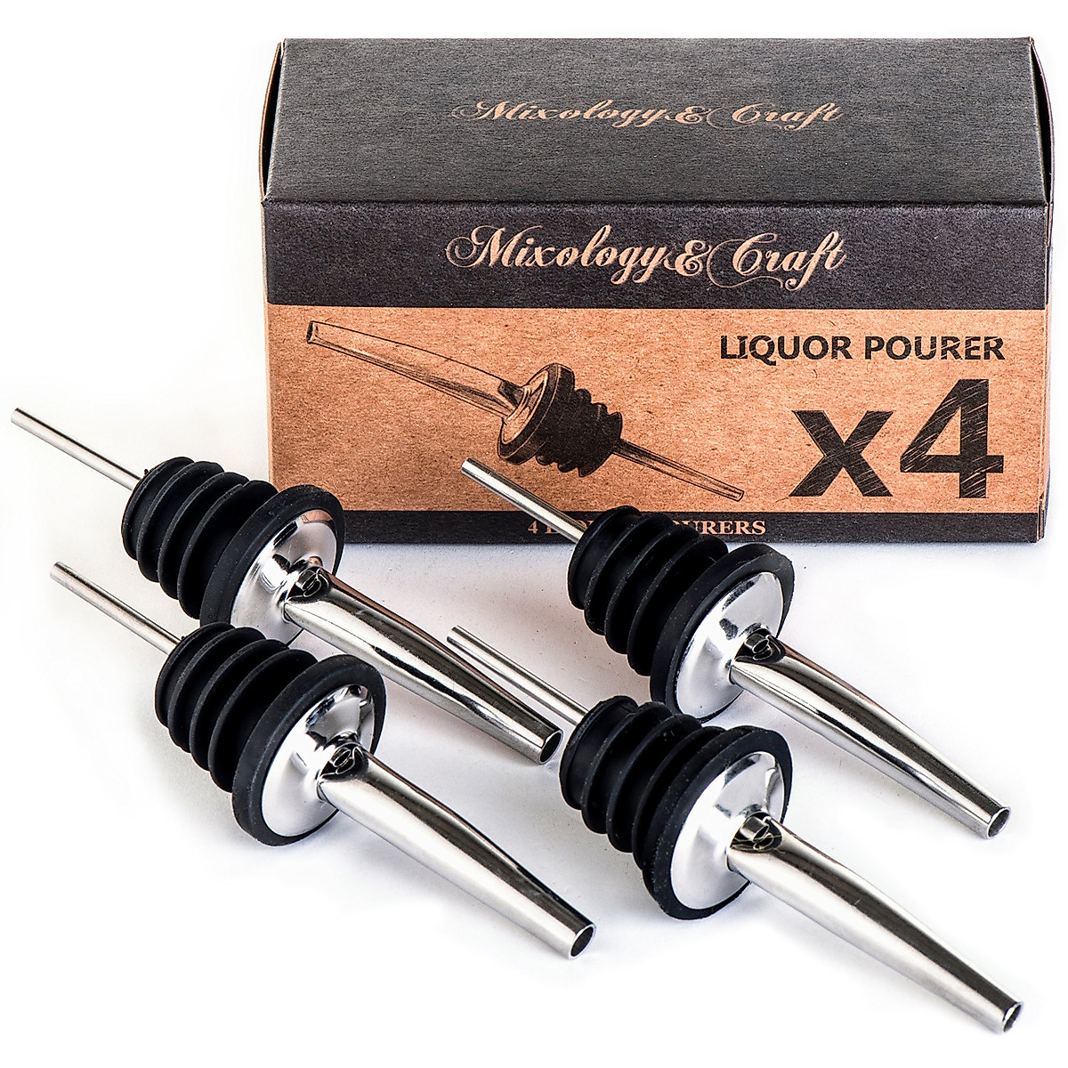 Professional Liquor Pourers Set of 4 | Free-Flow Stainless Steel Speed Bottle Pourer w/Tapered Spout - Fits Various Sizes of Liquor, Wine, Spirits, Vinegar and Olive Oil Bottles, up to 1l