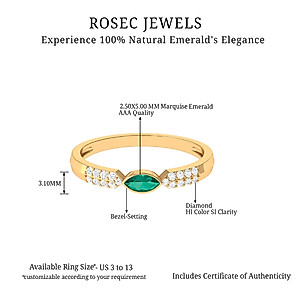 Real Emerald East West Band Ring in Bezel Setting| 2.5X5 MM Marquise| AAA Quality| Promise Ring for Her, 14K Yellow Gold, Size:US 8.00