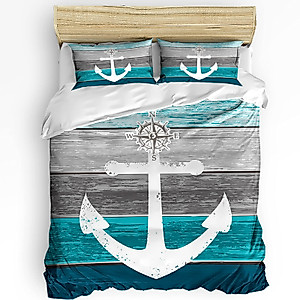 LooPoP Comforter Sets Queen Size Nautical Anchor Soft Bedding Duvet Cover Sets 3 Pieces Vintage Wood Grain Teal Green Bedding Set with Comforter Quilt Cover and 2 Pillow Cases Bedroom Decor