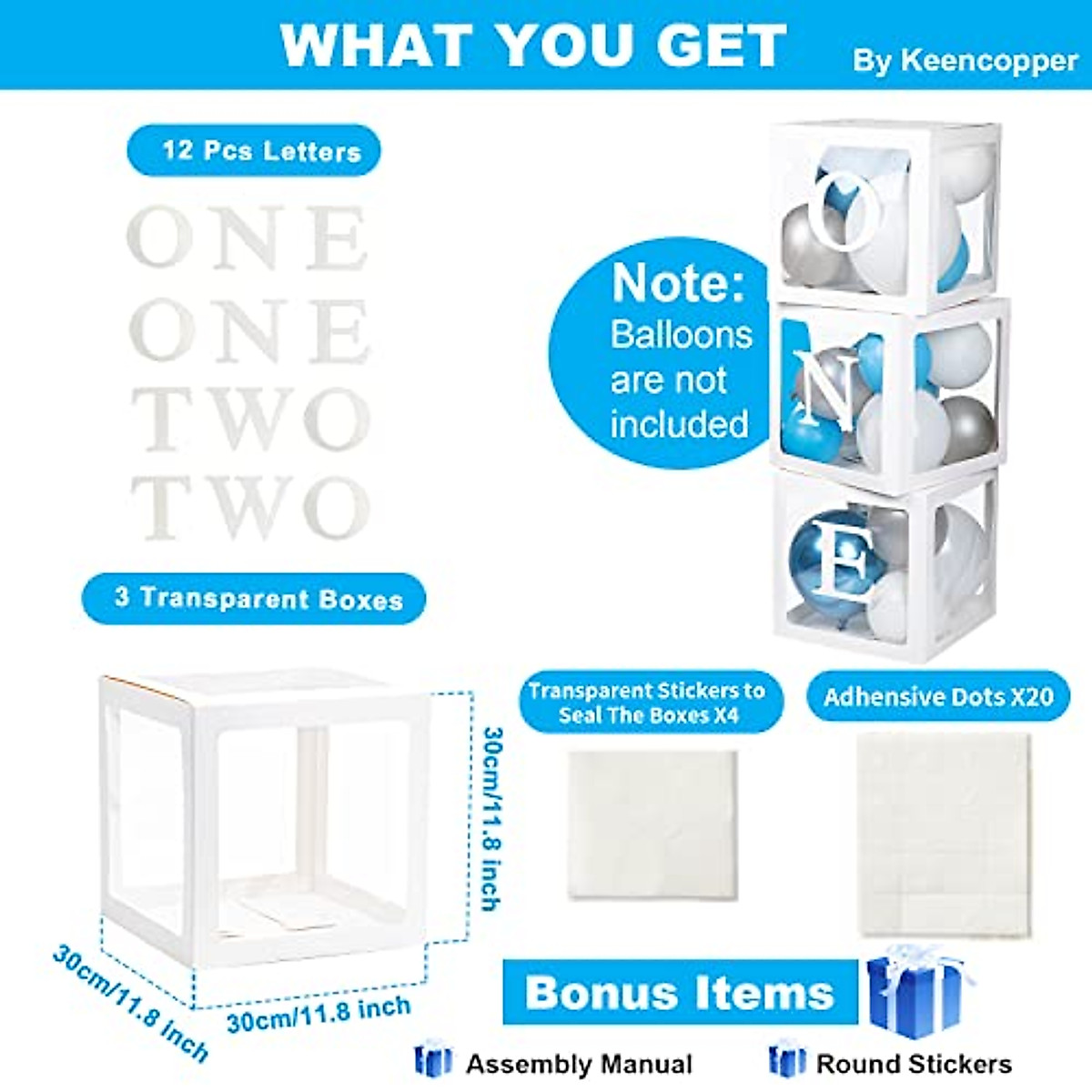 Keencopper First Birthday Decorations For Boy Or Girl, 3 Pcs ONE Balloon Boxes For 1st Birthday, Baby Clear Blocks Party Decor With ONE TWO Letters For Photoshoot Props, Cake Smash Backdrop