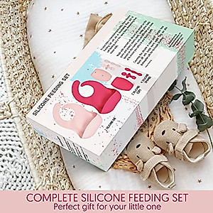 Baby Silicone Feeding Set - Baby Led Weaning Utensils, Silicone Bibs, Infant Feeding Cups For Boys, Girls, & Toddlers Smooth Waterproof Material For Practical Eating, Set of 8