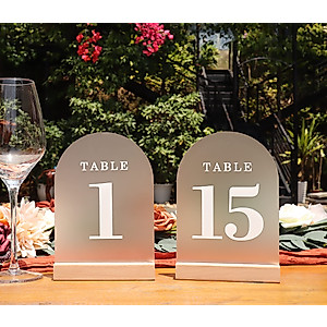 ORGANTEAM Frosted Arch Wedding Table Numbers with Wooden Stands 1-15, 5x7" Acrylic Signs and Holders, Perfect for Centerpiece, Reception, Decoration, Party, Anniversary, Event (Frosted, Number 1-15)
