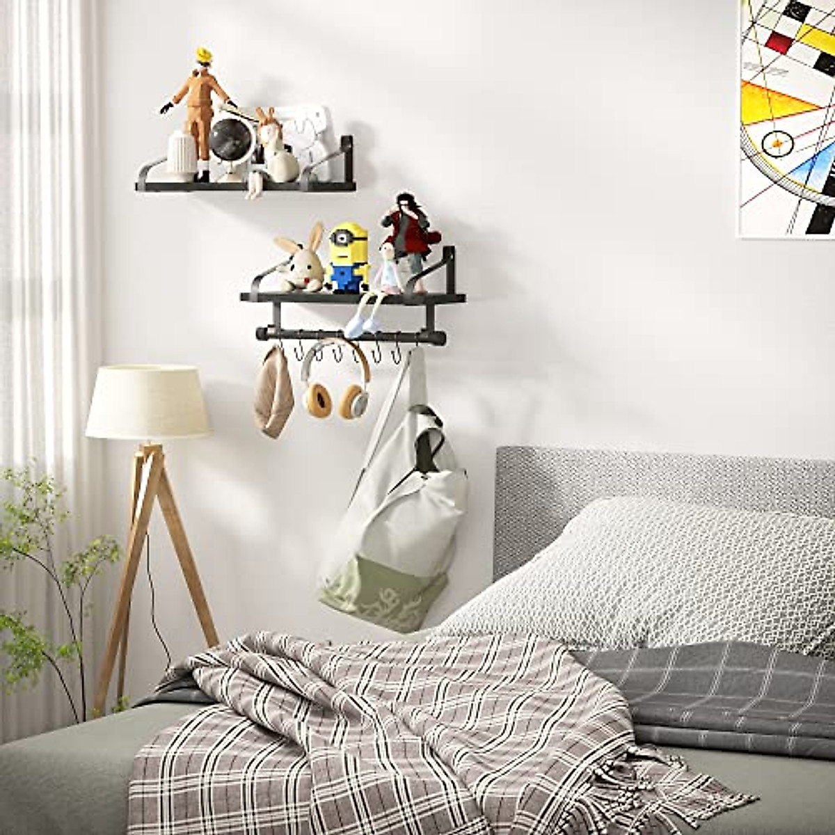 Love-KANKEI Floating Shelves for Coffee Bar,Bathroom Shelves with Towel Bar, Wall Shelves with 8 Hooks for Kitchen, 17.3 Inch Storage Shelves Set of 2 for Bedroom,Living Room，Black