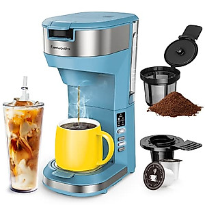 Hot and Iced Coffee Maker for K Cups and Ground Coffee, 4-5 Cups Coffee Maker and Single-serve Brewers, with 30Oz Removable Water Reservoir, 6 to 24Oz Cup Size, Pot and Tumbler Not Included, Blue