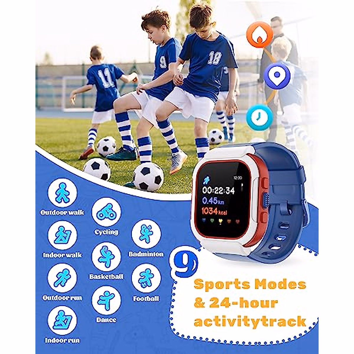 Cloudpoem Smart Watch for Kids Girls Boys, Kids Watch Fitness Tracker Watch with Pedometer Heart Rate Monitor Sleep Tracker Alarm Clocks Puzzle Games Calculator IP68 Waterproof, Kids Gift Blue