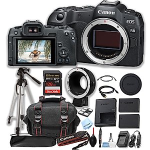 Canon EOS R8 Mirrorless Camera Body + 128GB Pro Speed Memory + EF-RF Lens Adapter +Case + Tripod -Proffesional Bundle (Renewed)