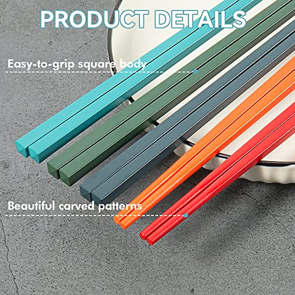 Chopsticks,LIANGKEN 5 Pairs Dishwasher Safe Fiberglass Chopsticks Set,9.5 Inch Reusable Japanese Chinese Chopsticks , Non-Slip, Easy to Use (colorful ) (9.5 inch, color)