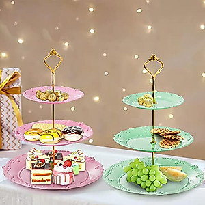 Fasmov 3 Pack 3 Tier Plastic Cupcake Stand, Dessert Plates Cake Fruit Candy Display Tower Reusable Pastry Platter for Wedding Birthday Baby Shower Tea Party Decorations - White, Pink Green