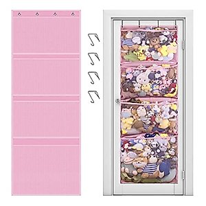 Stuffed Animal Storage, Over The Door Organizer Storage for Closet, Baby, Plush Toy, Stuffed Animal Holder with 4 Large Pockets, Hanging Door Organizer for Nursery, Bedroom, Bathroom, Kids Room (Pink)