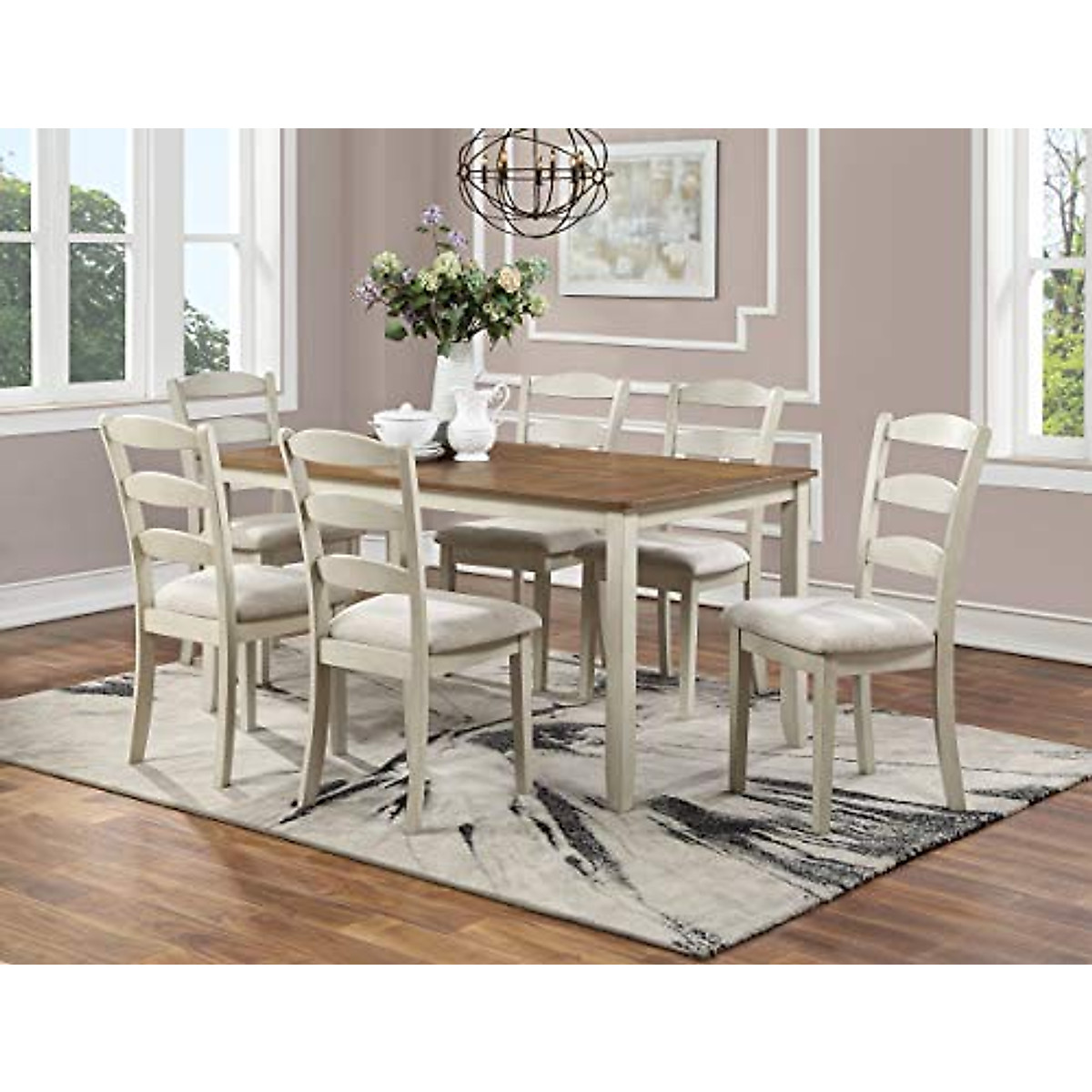 OSP Home Furnishings West Lake Dining Table Set, 7-Piece, Antique Tobacco Finish Top and Cream Base with Linen Fabric