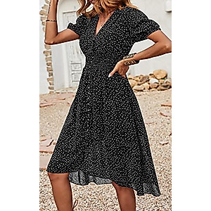 PRETTYGARDEN Casual Summer Dresses for Women Knee Length Polka Dot Floral Printed Short Sleeve Wrap Dress Midi Button Down Dress for Women Wedding Guest (Black, Medium)