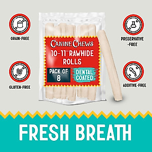 Canine Chews 10-11" Dental Coated Jumbo Rawhide Retriever Rolls (8 Pack) - Breath Freshening & Long Lasting Dental Chews for Dogs Large Size - Teeth Cleaning Dog Treats for Aggressive Chewers