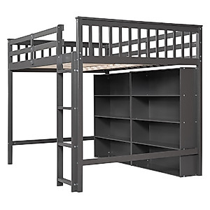 SOFTSEA Full Size Loft Bed with Storage, Solid Wood Loft Bed with Open Storage Shelves, Multi-Functional Loft Bed Frame with Ladder for Kids Boys Girls Teens, Gray