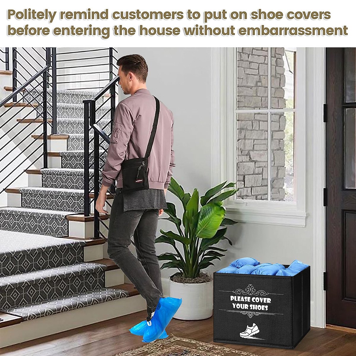 4 Pack Shoe Covers Box, Disposable Shoe Cover Dispenser for Open House, Indoor Homeowner Real Estate Agent Realtor Supplies, Foldable Please Cover or Remove Your Shoes Entryway Basket Storage Bins
