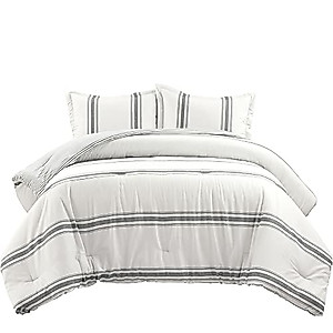 Lush Decor Farmhouse Stripe 3 Piece Reversible Comforter Bedding Set, California King, Dark Gray