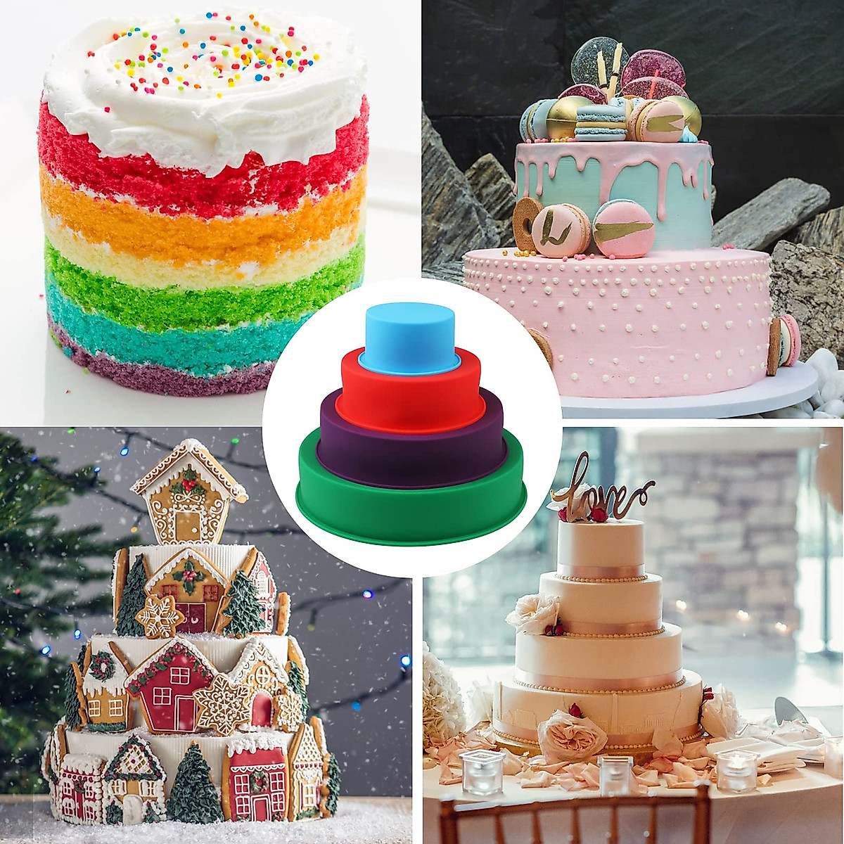 AILEHOPY Silicone Round Cake Pans Set, 4 Pcs (4"/6"/8"/10") extra thick Nonstick Leakproof Round Deep Cheesecake Pans, Layer Baking Pans Cake Tins Set for Birthday Wedding Tier Cake