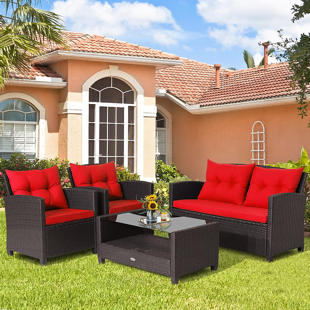 Tangkula 4-Piece Patio Furniture Set, Rattan Wicker Chair Set with 1 Loveseat, 2 Single Sofas, 1 Coffee Table with Tempered Glass Top, Outdoor Furniture Sets for Backyard, Porch, Garden and Poolside