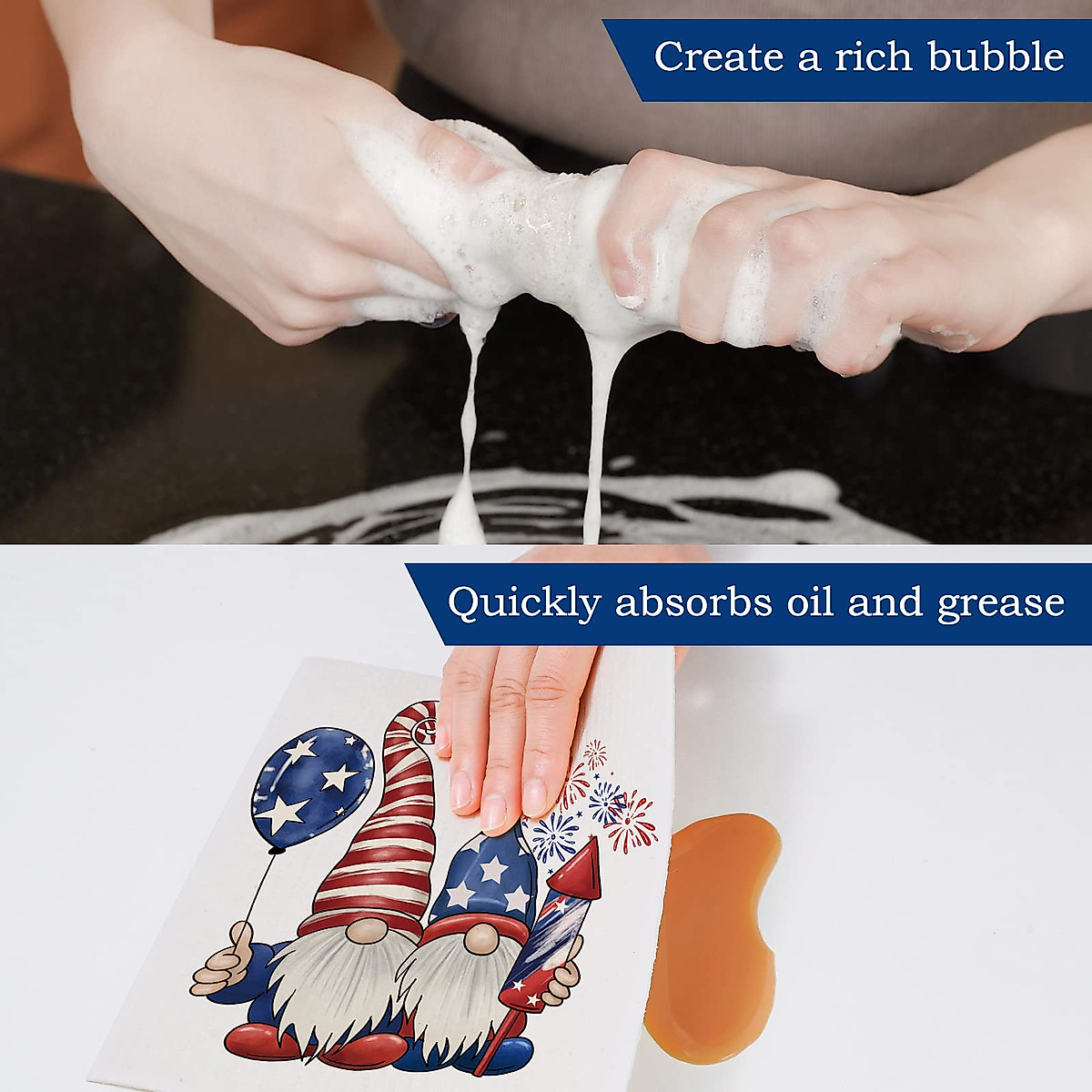 AnyDesign Happy 4th of July Swedish Dishcloths American Flag Stars Truck Gnome Kitchen Dish Towel 7x8 Patriotic Reusable Cotton Kitchen Towel for Independence Day Home Cleaning Housewarming, 6 Pack