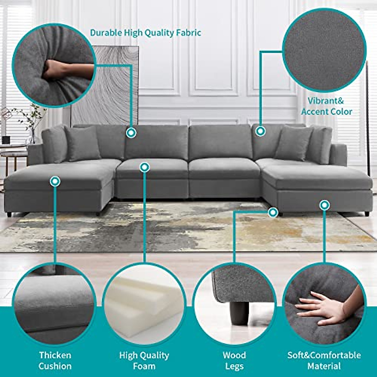 BALUS Modern Convertible Sectional Sofa,3 Seat Sofa+1 Chaise, L Shaped Corner Sleeper Sofa Couch,Modular Sectional Couches with Wood Legs for Living Room, Light Grey