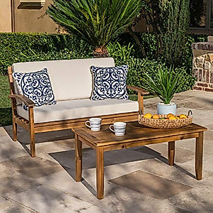 Christopher Knight Home Peyton Outdoor Acacia Wood Loveseat and Coffee Table Set with Water Resistant Cushions, Teak Finish / Beige