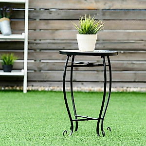 Modern Outdoor Indoor Round Accent Table Plant Stand Scheme Garden Steel Ocean Inlaid Glass Mosaic Top Patio Piece, Plant Stand